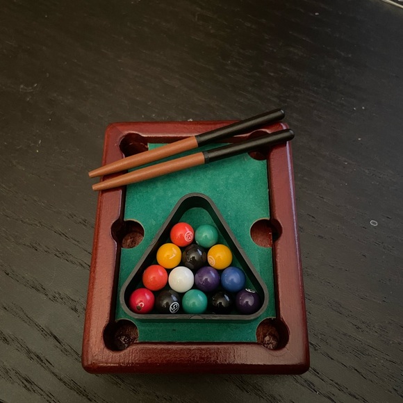 Toys | Tiny Billiard Set Small Pool Table With Balls And Cues | Poshmark